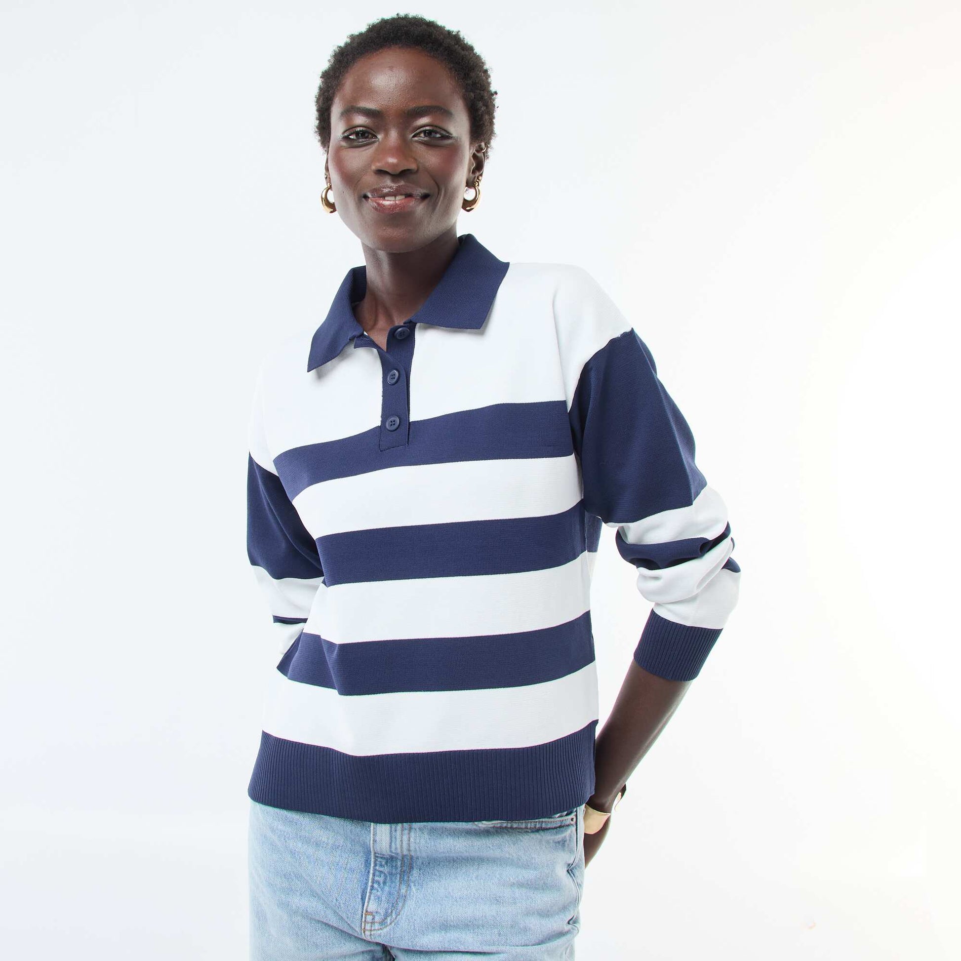 Pull style polo en maille stretch BLEU – Kiabi Algérie